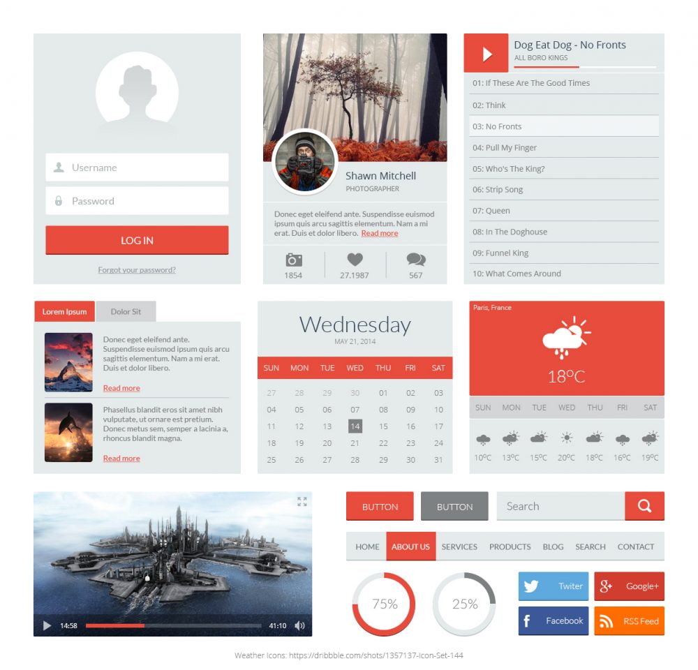 Flat Red UI Kit PSD – Download PSD