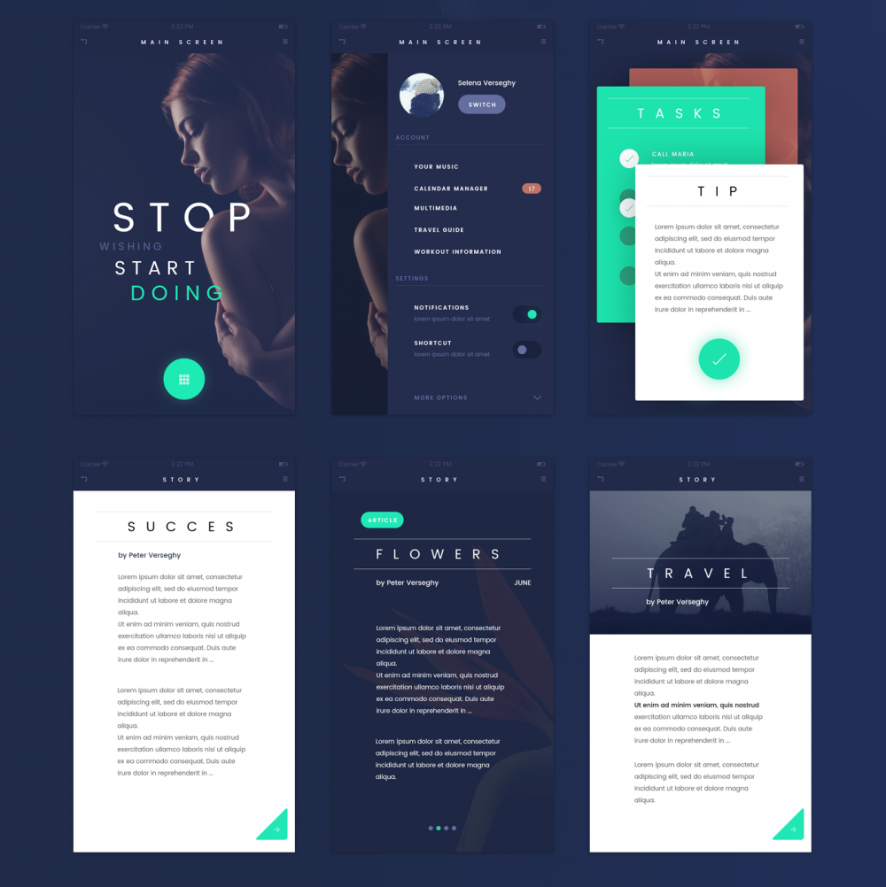 Dark Blue Flat Style Free Mobile App UI Kit PSD – Download PSD